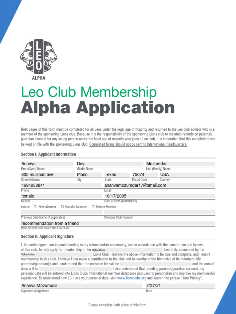 Leo Alpha (12-18yrs) Application | Download Free PDF | Privacy