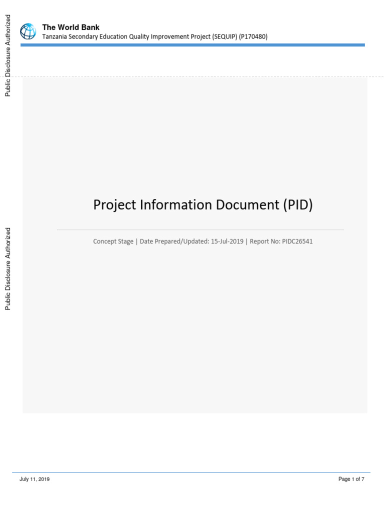 Concept Project Information Document PID Tanzania Secondary Education Quality Improvement ...