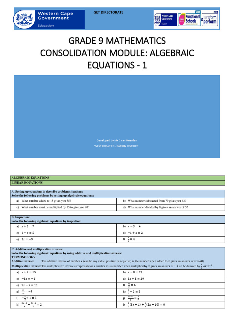 Maths GR 9 Algebraic Equations 1 | PDF | Equations | Numbers