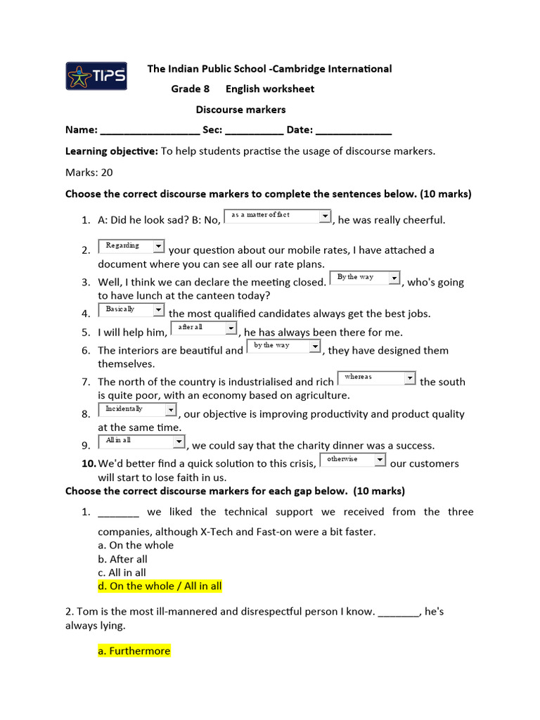 E.G8.U03.A07 - Discourse Markers Worksheet | PDF