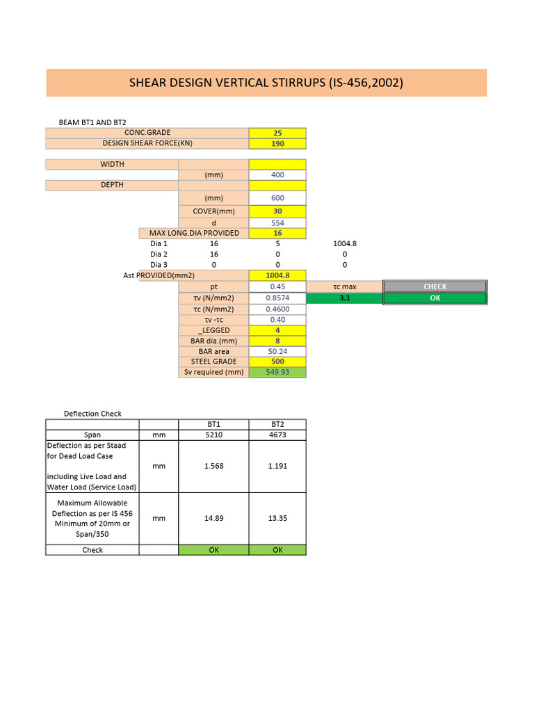 Shear Design Vertical Stirrups (Is-456,2002) : Conc - Grade Design ...