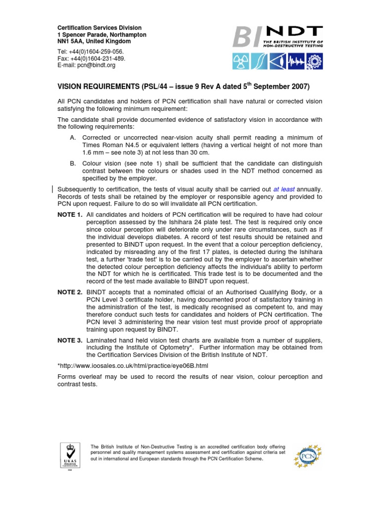 PSL-44 Vision Requirements | PDF | Nondestructive Testing | Business