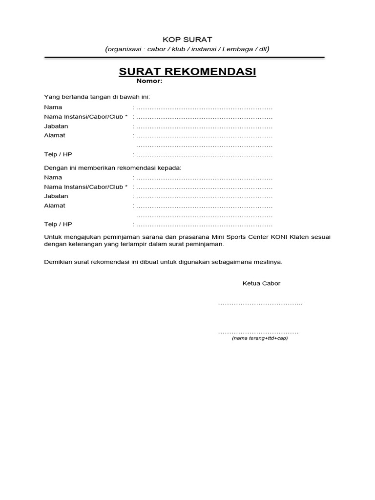 TEMPLATE-SURAT-SURAT-REKOMENDASI-CABOR | PDF