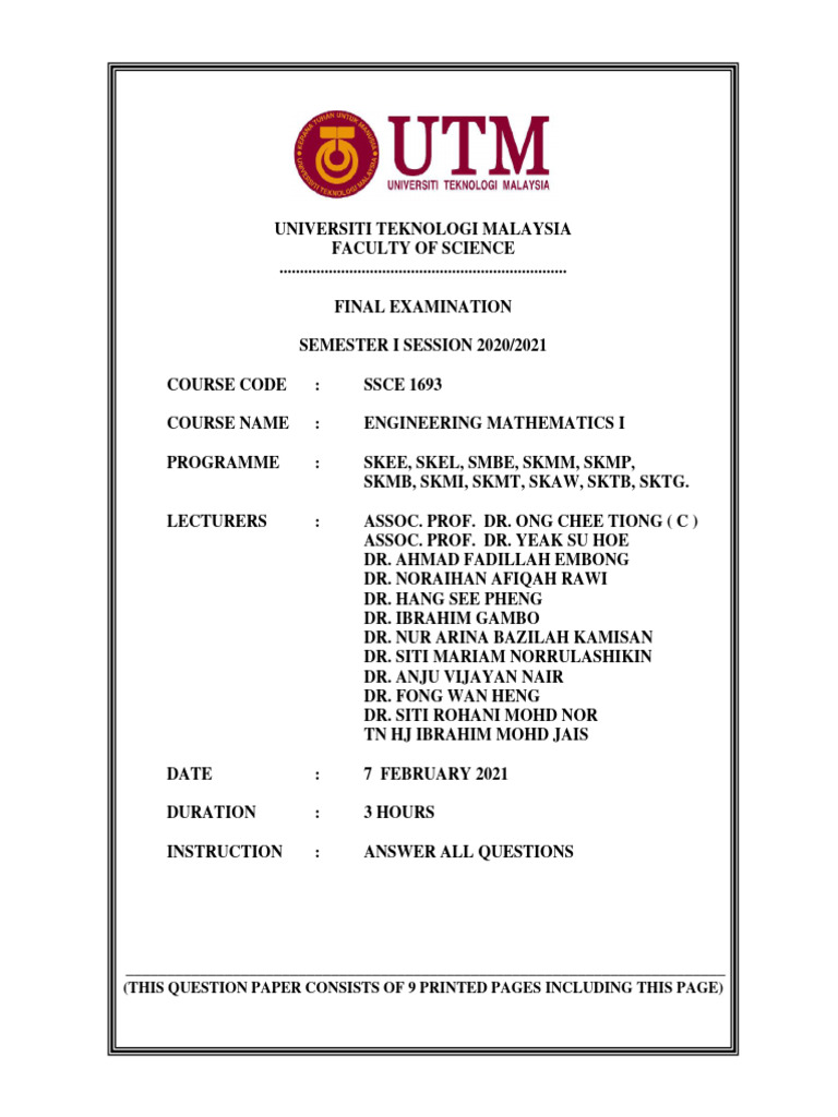 Sample Final Exam SSCE1693 202020211 | PDF | Eigenvalues And Eigenvectors | Matrix (Mathematics)