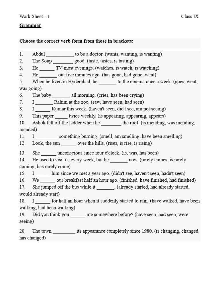 Work Sheet - IX | PDF | Grammatical Tense
