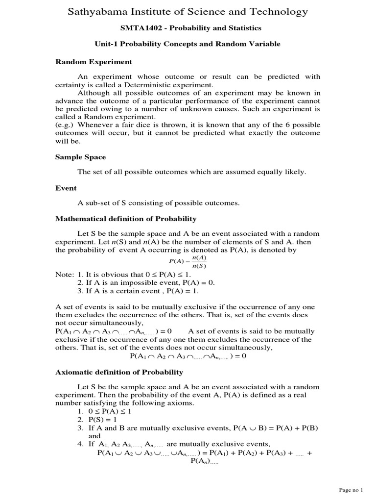 Unit-1 Probability Concepts and Random Variable | PDF | Probability Distribution | Random Variable