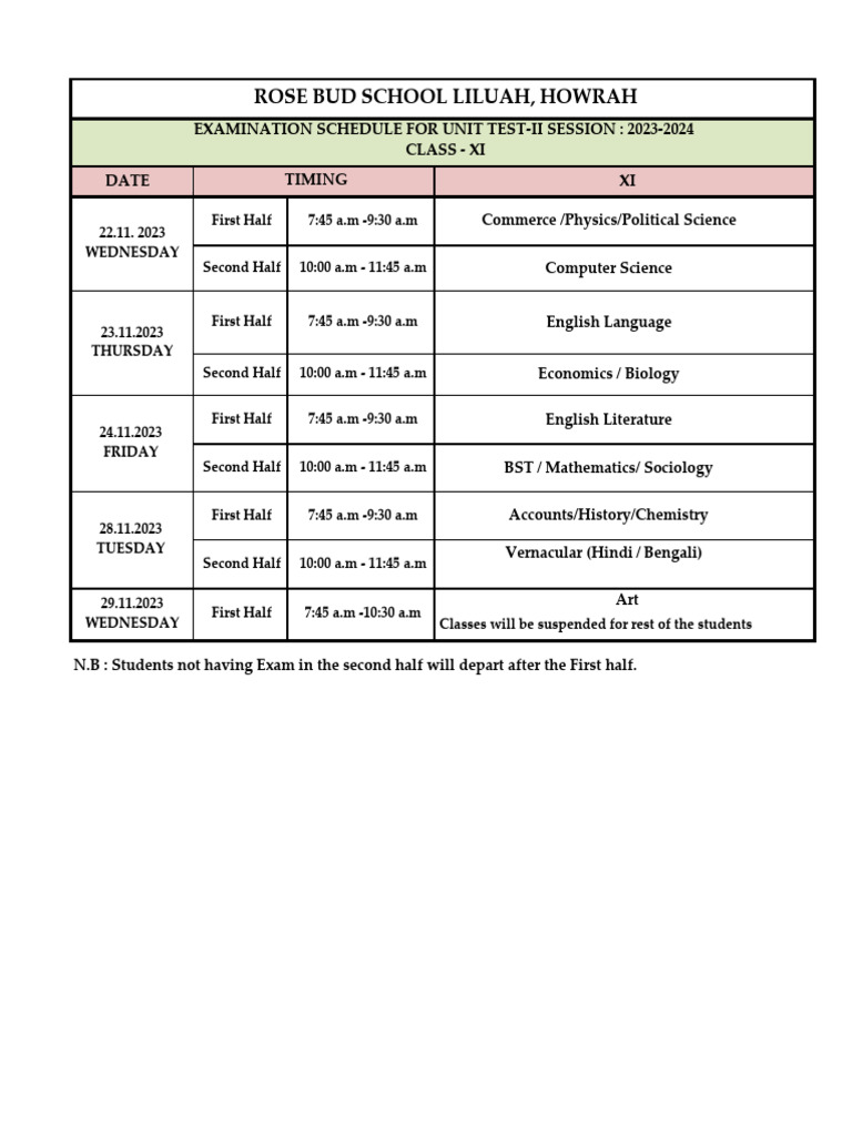 Class - 11_Time Table_Unit Test II | PDF