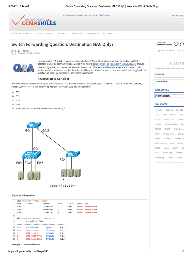 Switch Forwarding Question - Destination MAC Only - Wendell's CCNA Skills Blog | Download Free ...