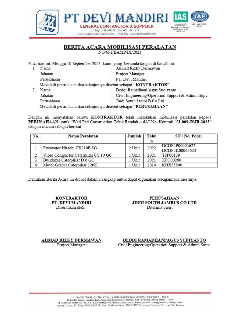 Berita Acara Mobilisasi dan Demobilisasi | PDF | Pengelolaan Keuangan ...
