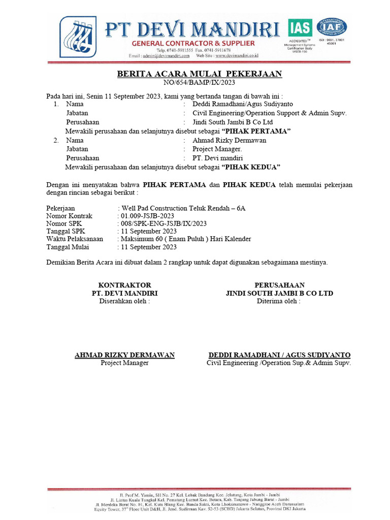 Serah Terima Pekerjaan PT Devi Mandiri | PDF | Teknologi & Rekayasa