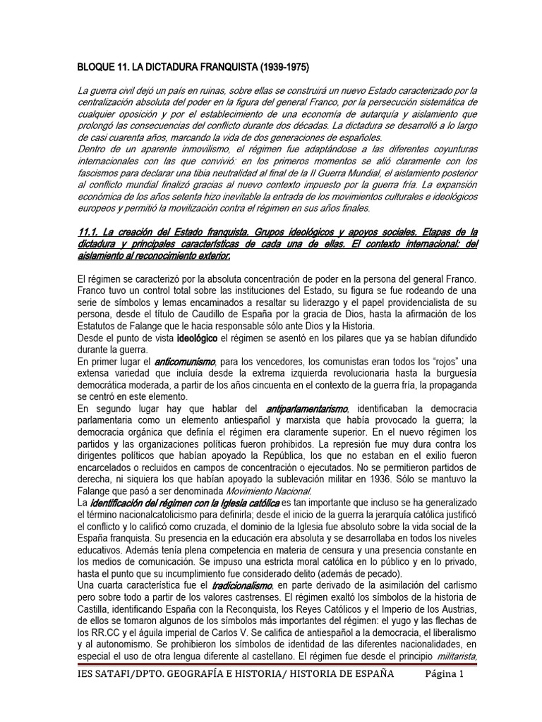BLOQUE 11. La Dictadura Franquista 1 (1939-1975) Modificaciã N 11.3 | PDF | España franquista ...