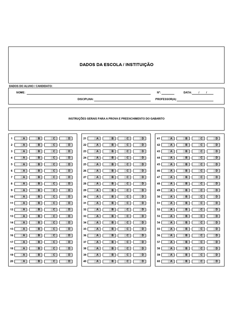 Modelo de Gabarito ABCD 60 e 90 Questoes | PDF | Microsoft Excel ...
