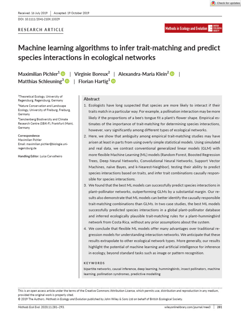 Methods Ecol Evol - 2019 - Pichler - Machine Learning Algorithms To Infer Trait Matching and ...