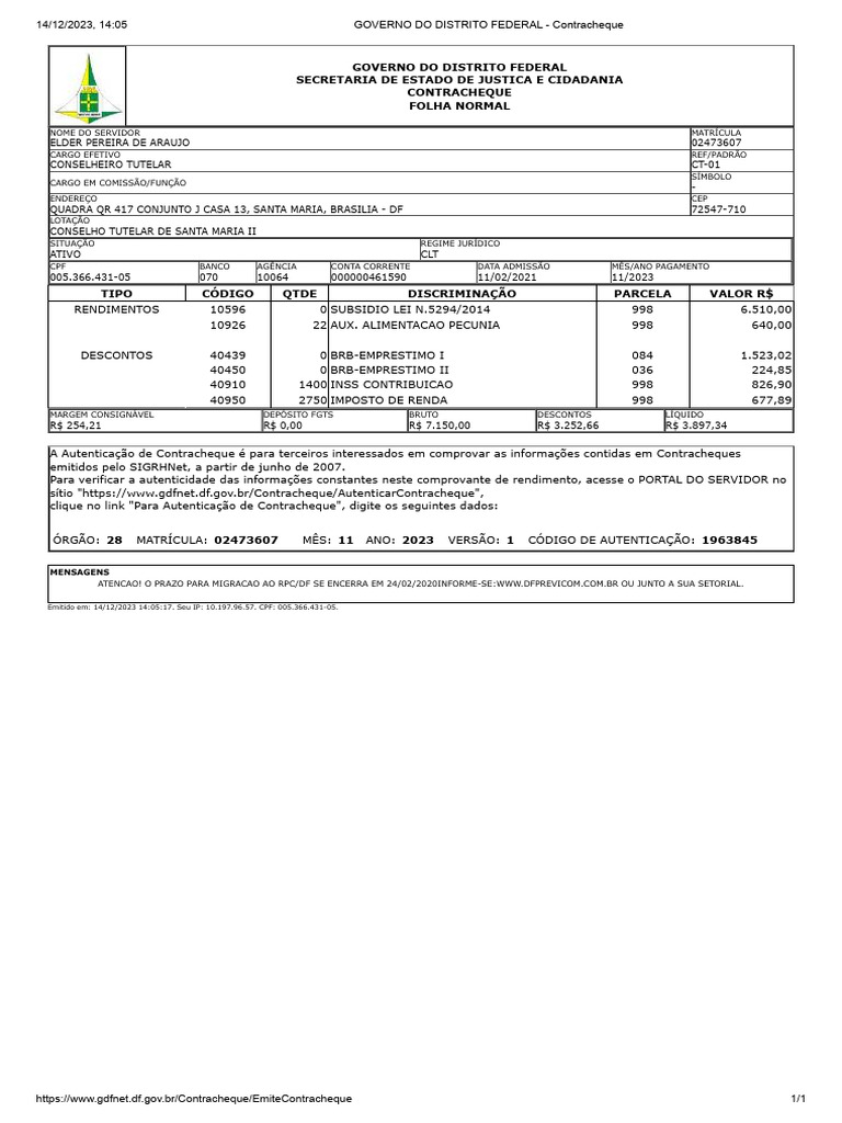 Contracheque Servidor GDF - Novembro 2023 | PDF | Economias