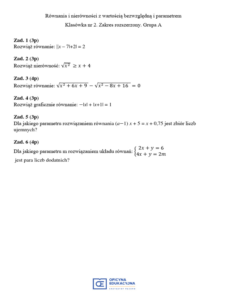 2020 2 Klasowka kl2 Rownania Nierownosci Wart Bezwg ZR Ab Wer2 | PDF
