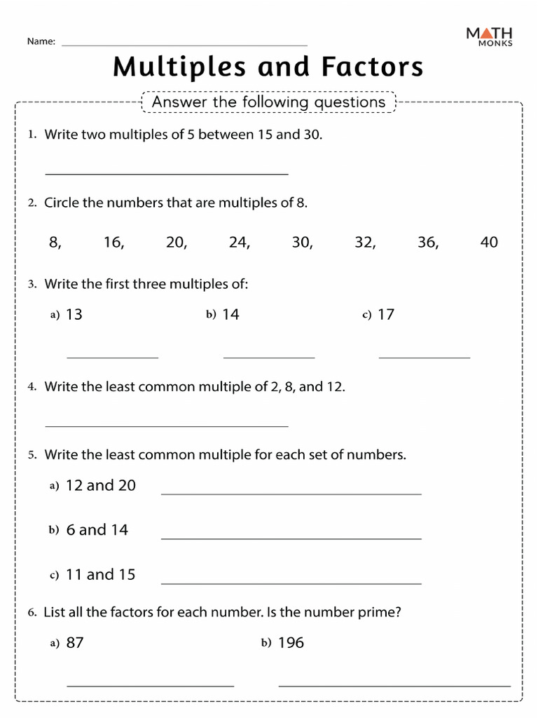 Multiples and Factors Worksheet For Class 5 | PDF