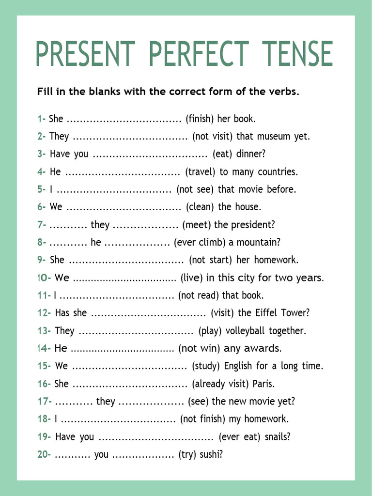 Present Perfect Tense Worksheet in Green White Basic Style | PDF