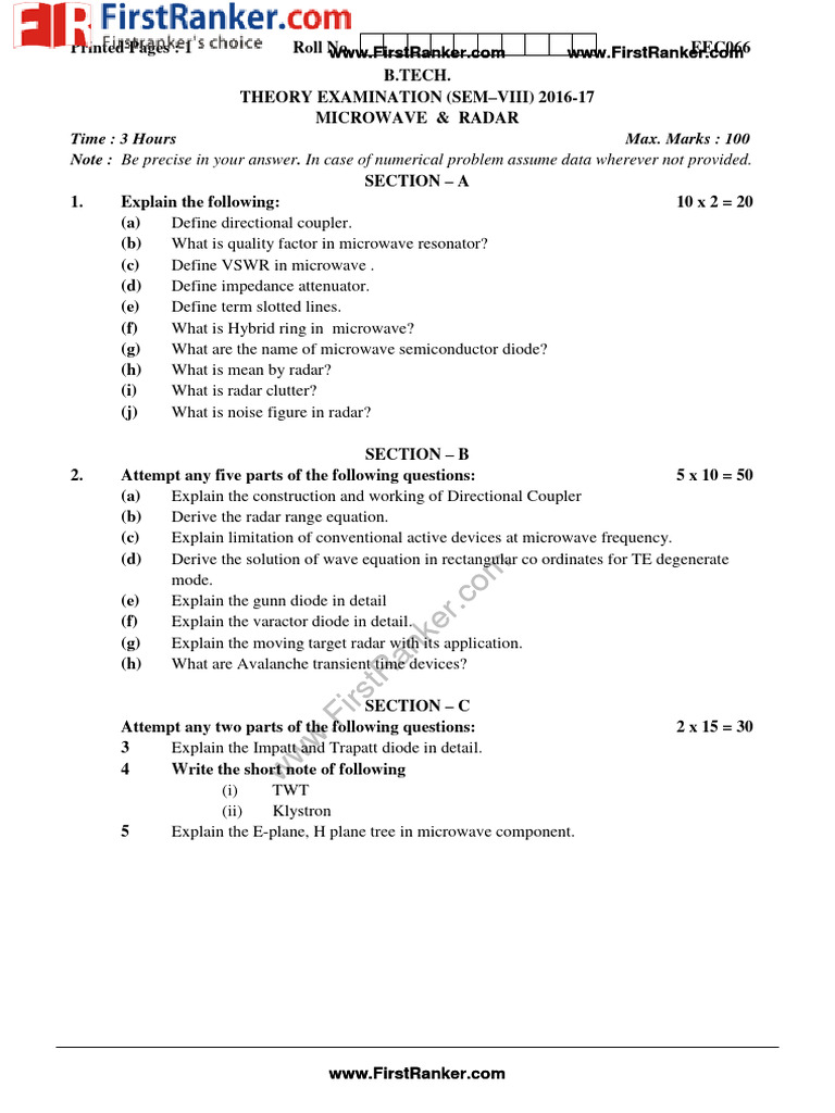Microwave Engineering Exam Model Answers | PDF | Microwave | Radar