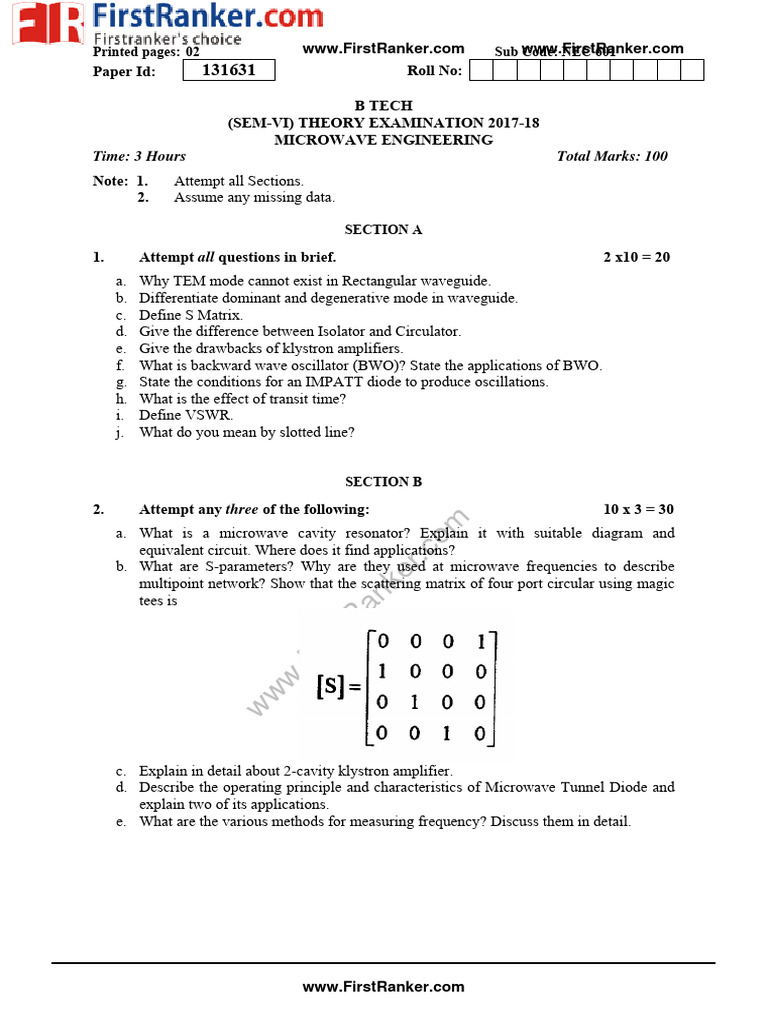 2017-18 Microwave Engineering 6th Sem | PDF | Microwave | Waveguide