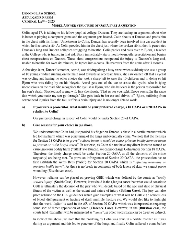 Model Answer Structure of OAPA Part A Question | PDF | Causation (Law) | Mens Rea
