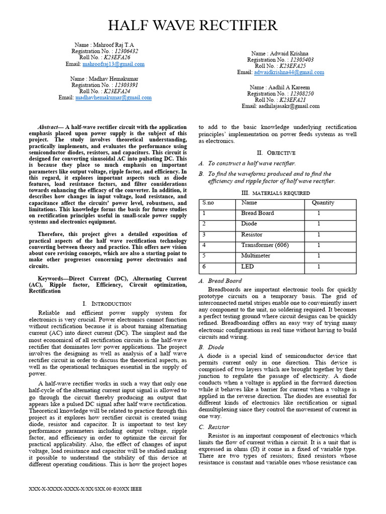 Half Wave Rectifier | PDF | Rectifier | Alternating Current