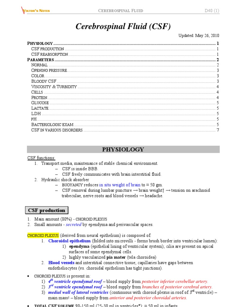 Notes Cerebrospinal Fluid | PDF | Cerebrospinal Fluid | Meningitis