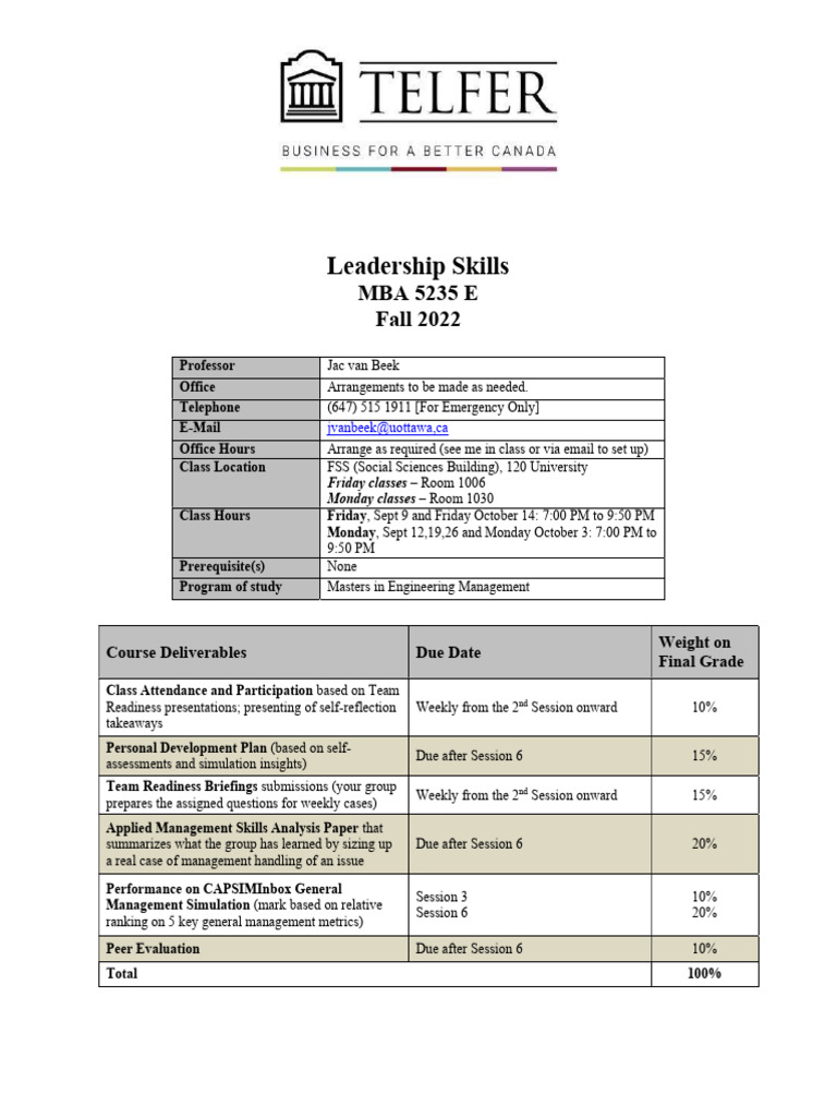 MBA 5235E Fall 2022 Course Outline | PDF | Leadership | Goal