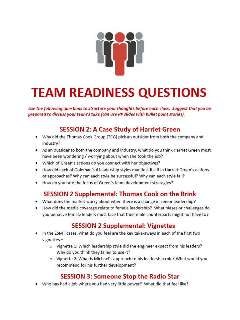 Mba 5235 - Team Readiness Questions | PDF | Leadership | Communication
