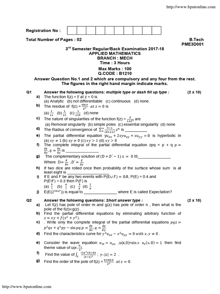 Btech Mech 3 Sem Applied Mathematics Pme3d001 2018 | PDF