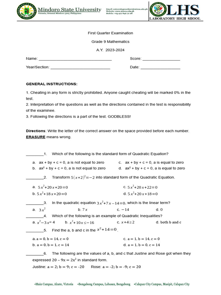 Grade 9 Math Exam: Quadratic Equations | PDF | Quadratic Equation ...