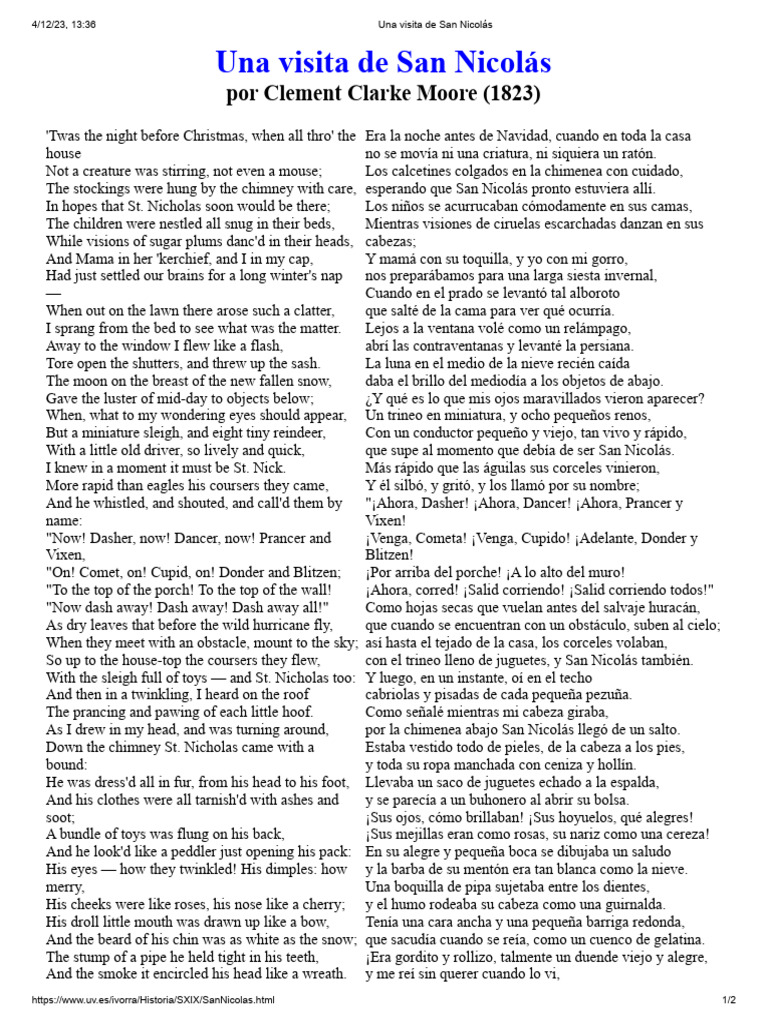 Una Visita de San Nicolás Autor Clement C. Moore | PDF