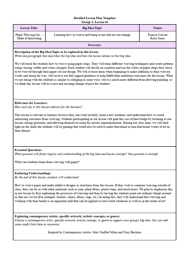 Lesson Plan Three Devin Commented | PDF | Weaving | Learning