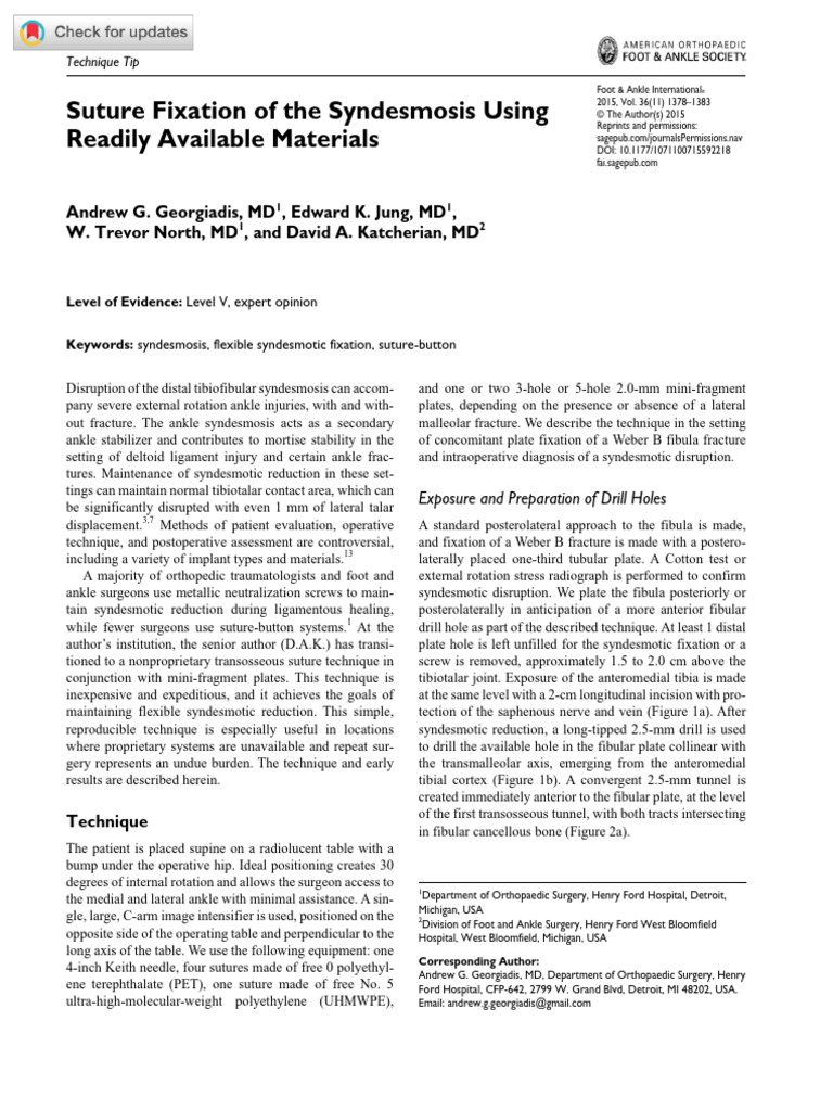 Suture Fixation of The Syndesmosis Using Readily Available Materials ...