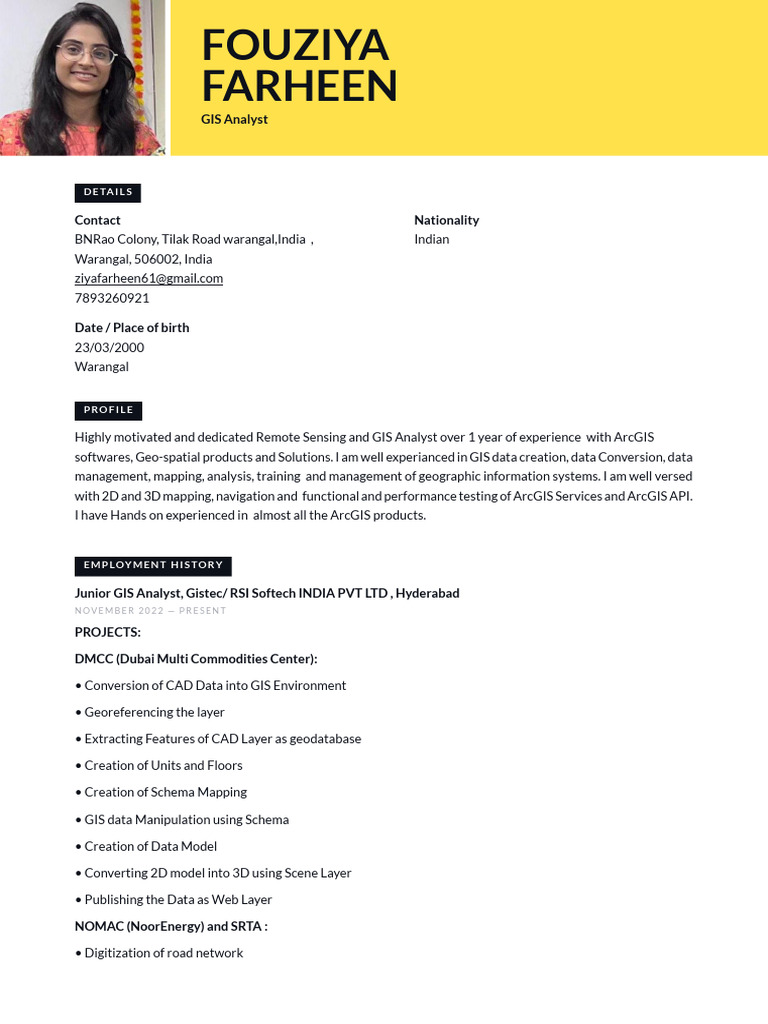 FOUZIYA FARHEEN - GIS Analyst | PDF | Geographic Information System | Arc Gis