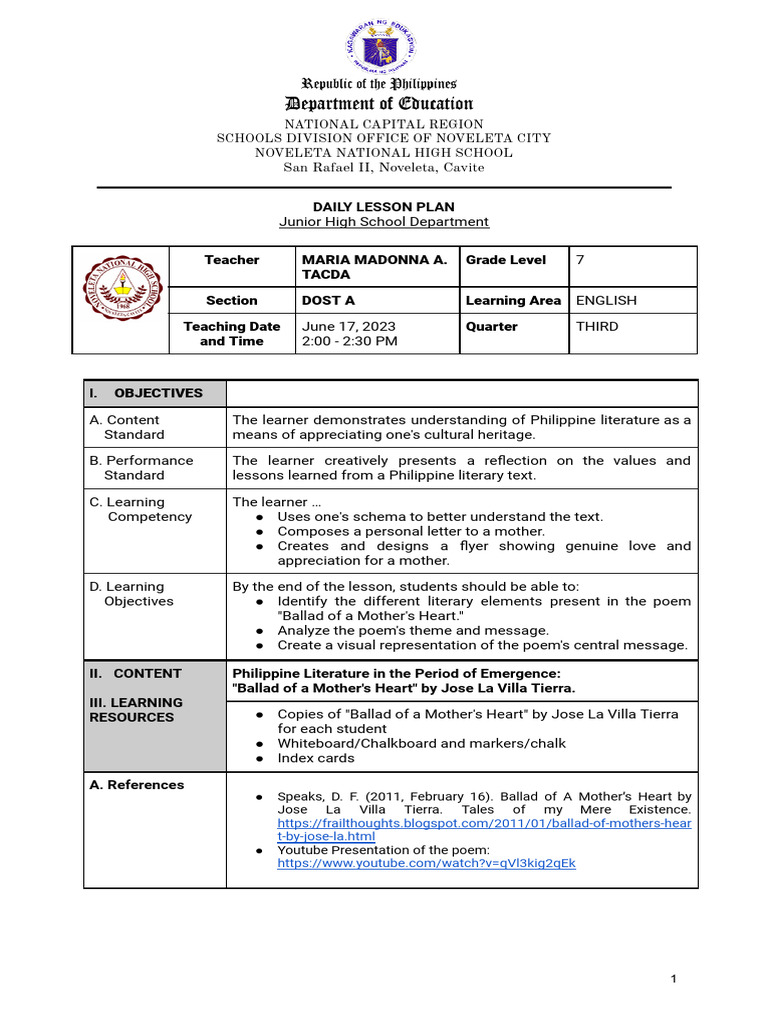Daily Lesson Plan - English Grade 7 | PDF | Learning | Poetry