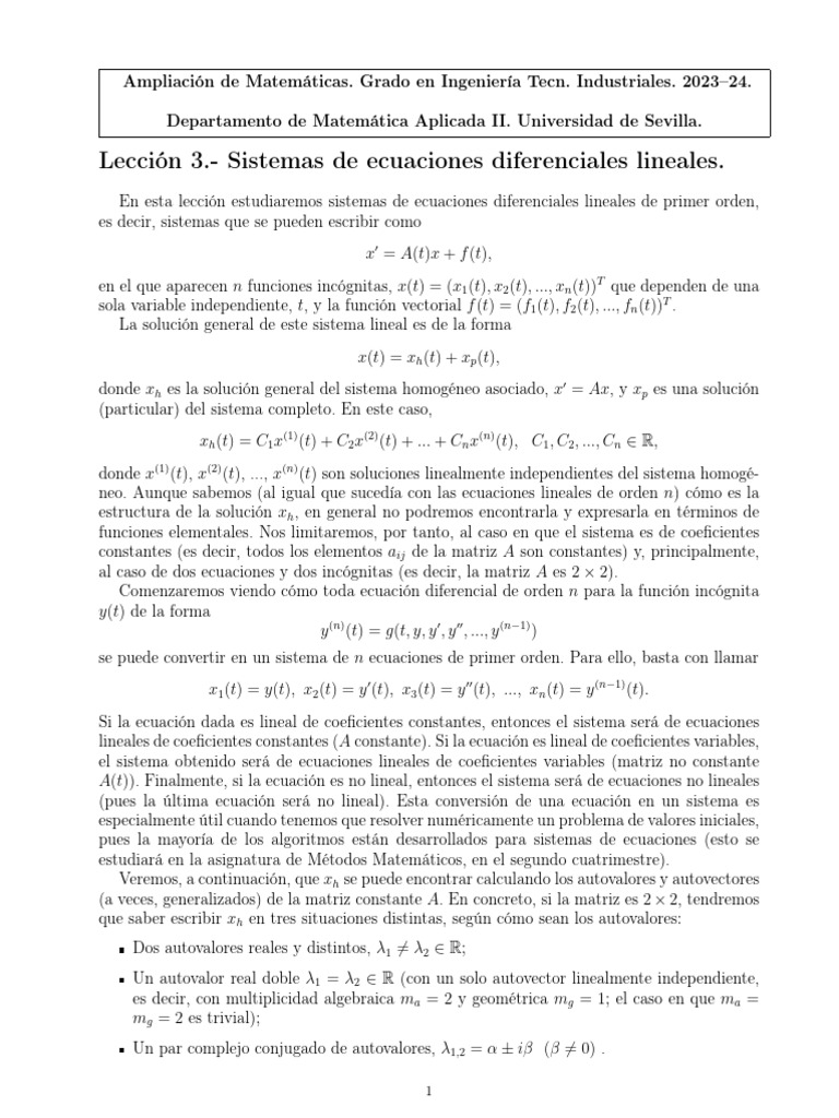 Lec3 SistemasLineales GITI23-24 | PDF | Ecuaciones | Valores propios y ...