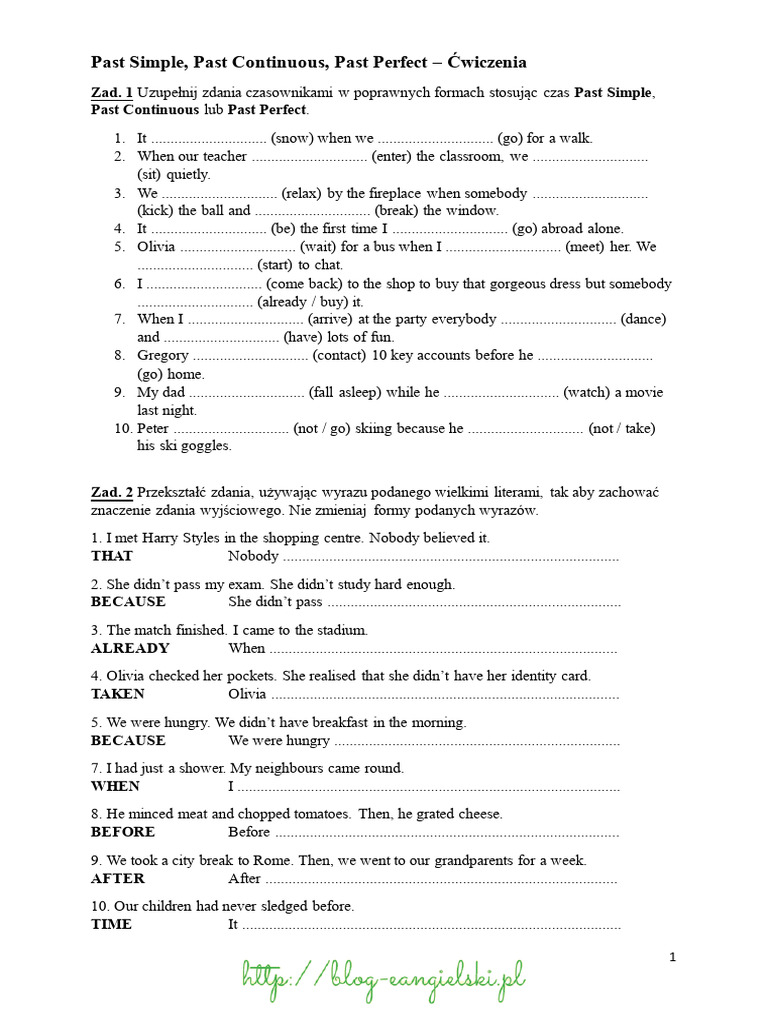 Past Simple Past Continuous Past Perfect - Ćwiczenia 2 | PDF