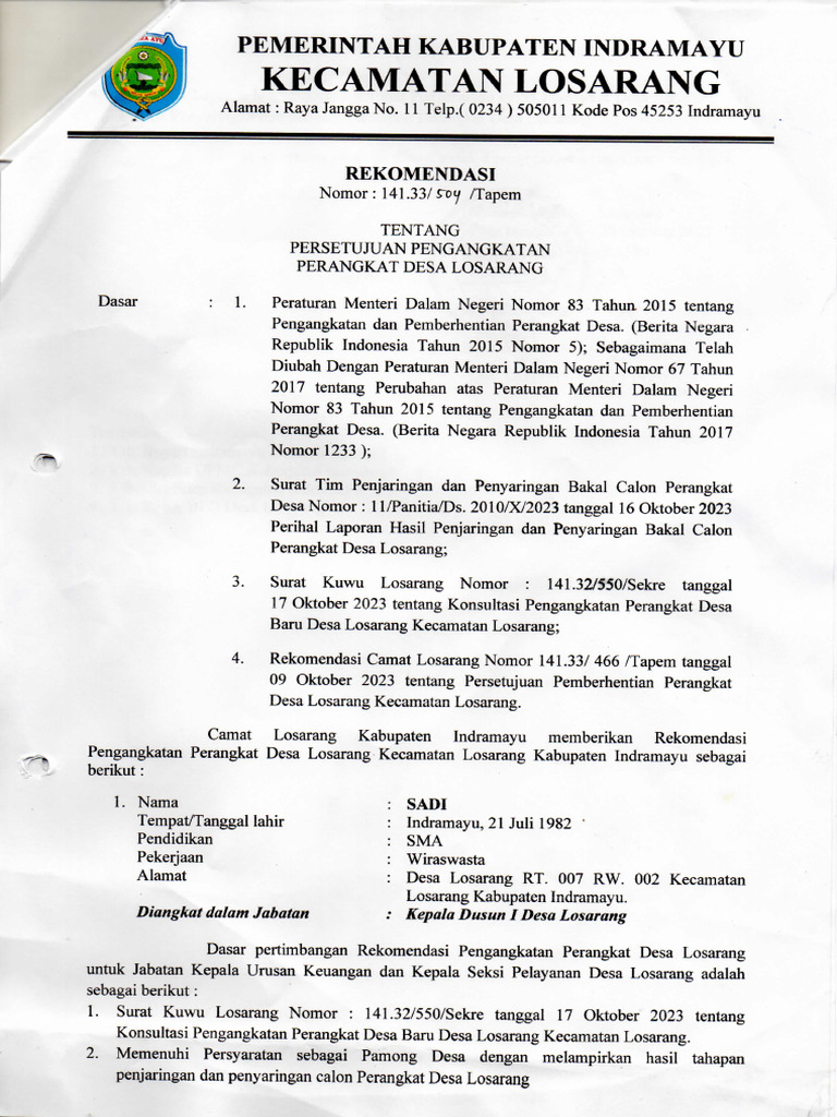 Rekomendasi SK Kec Sadi 2023 | PDF