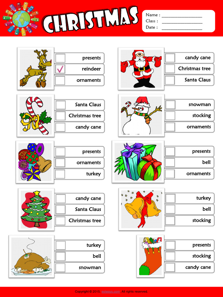 Christmas Esl Vocabulary Multiple Choice Worksheet For Kids | PDF