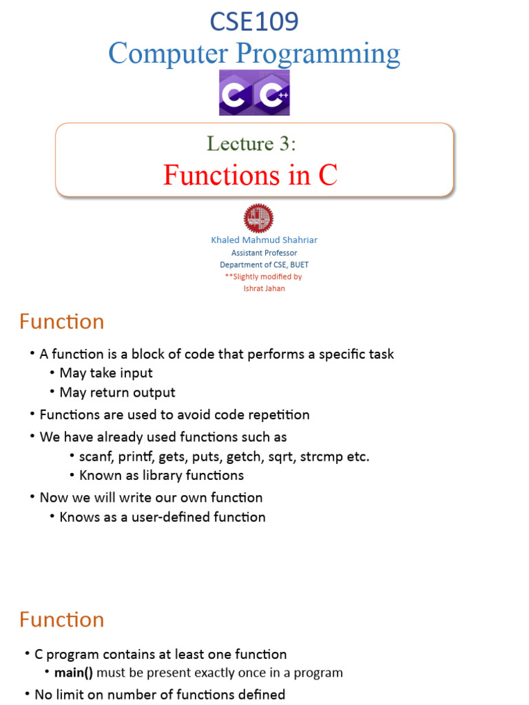CSE109 - LectureSlide - 04 (Functions) | PDF | Parameter (Computer Programming) | Computing