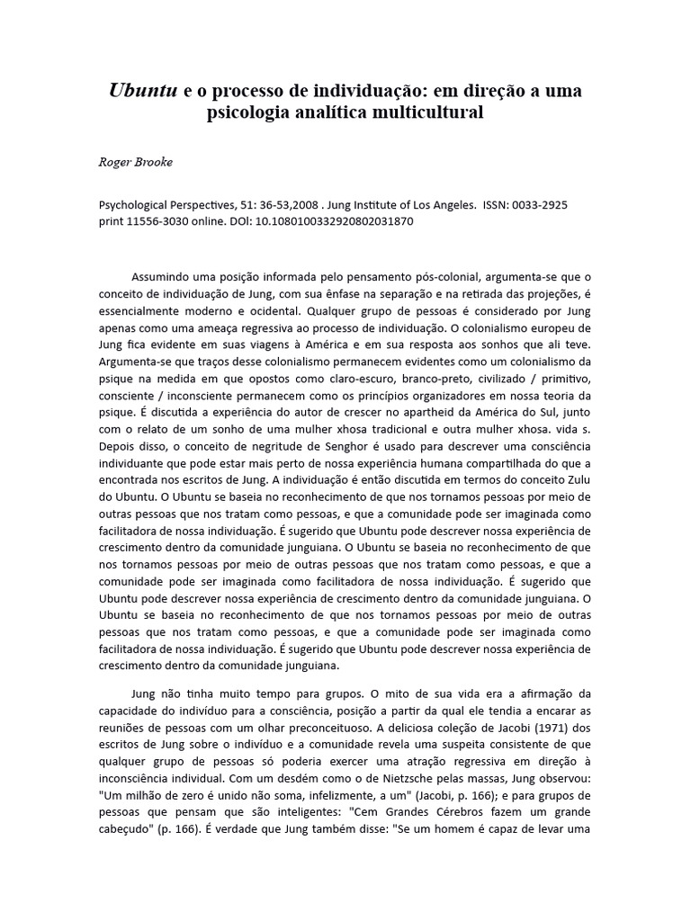 Brooke Ubuntu e o Processo de Individuação em Direção A Uma Psicologia ...
