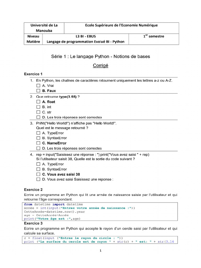 TD1 - Le Langage Python - Notions de Bases - CorrigÇ | PDF
