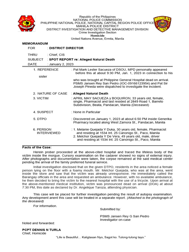 Spot Report Jan 1 2023 | PDF | Manila | Forensic Science