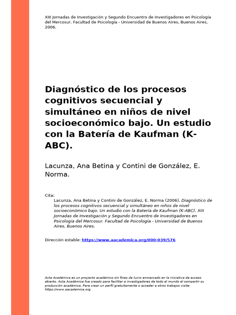 Diagnostico de los procesos cognitivos secuencial y simultaneo. Lacunza ...