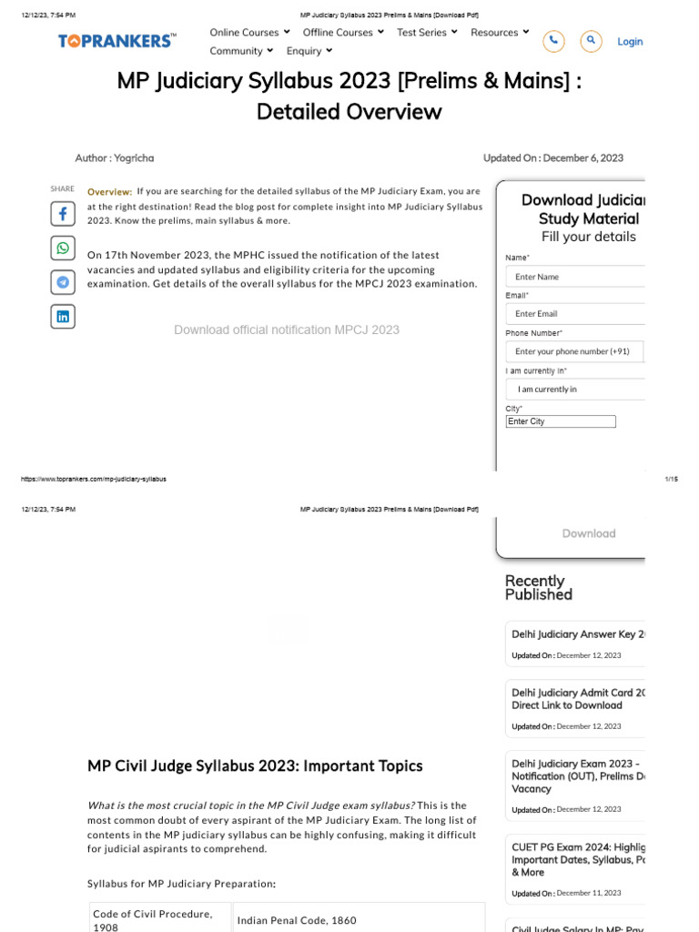 MP Judiciary Syllabus 2023 Prelims & Mains (Download PDF) | PDF | Judgment (Law) | Judiciaries