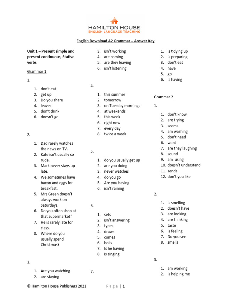 English Download A2 Grammar ANSWER KEY | PDF | Linguistics | Grammar