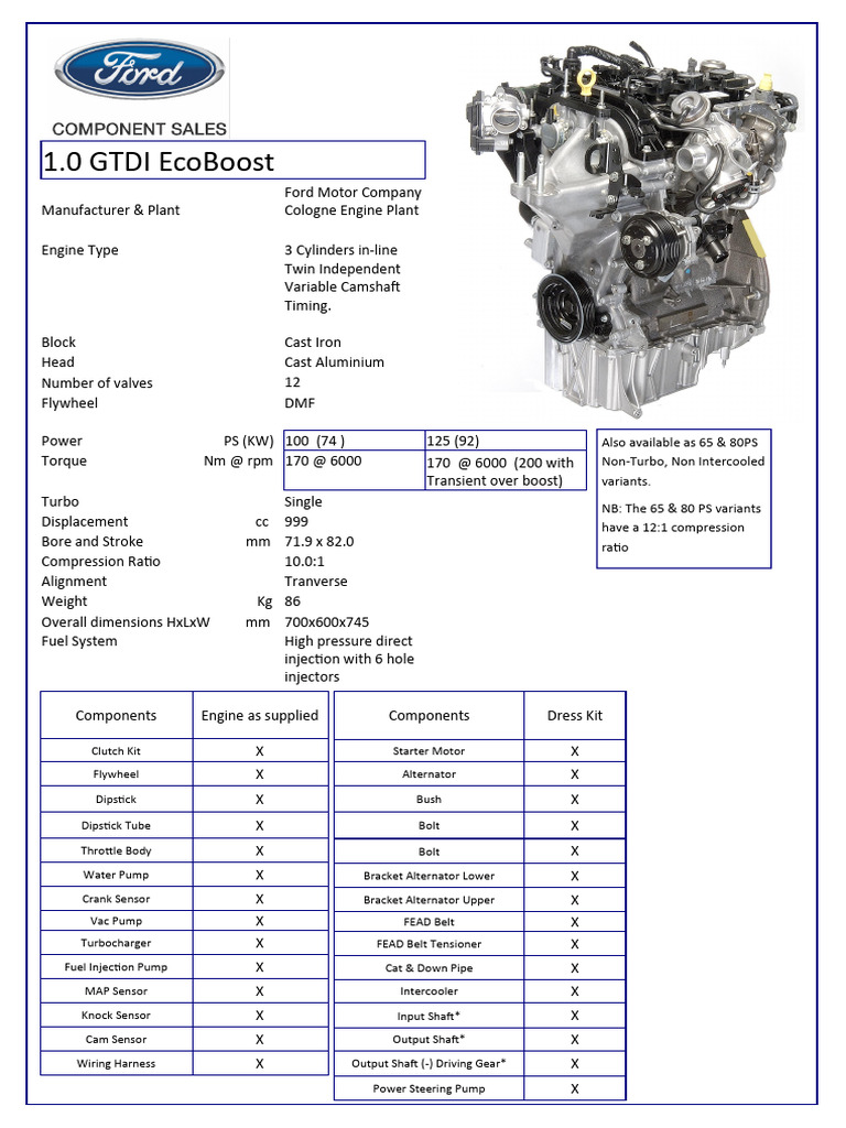 1L Ecoboost Engine Spec Sheet | PDF | Systems Engineering ...