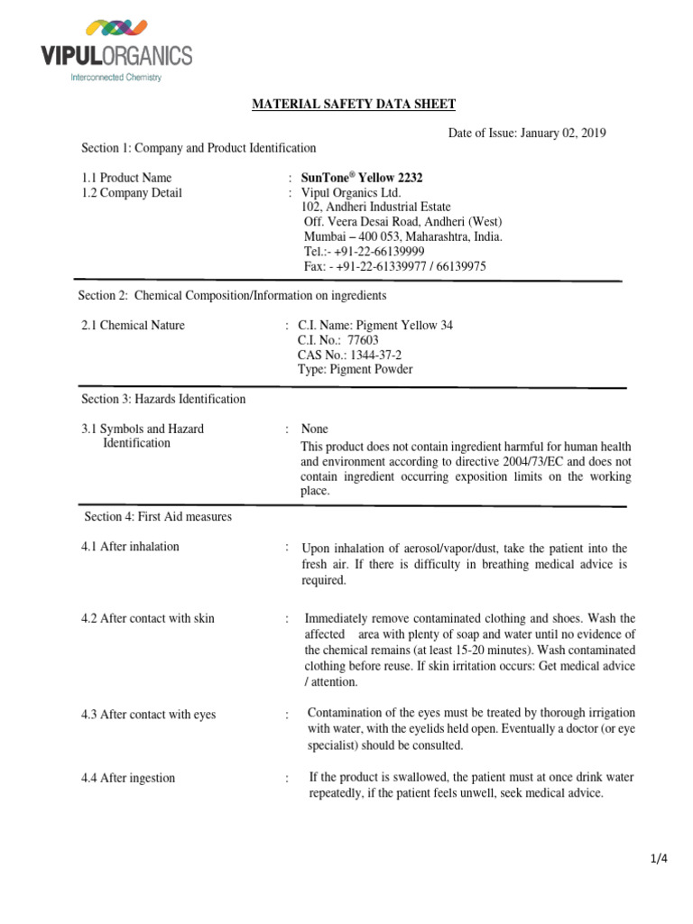 MSDS SunTone Yellow 2232 | PDF | Personal Protective Equipment | Safety