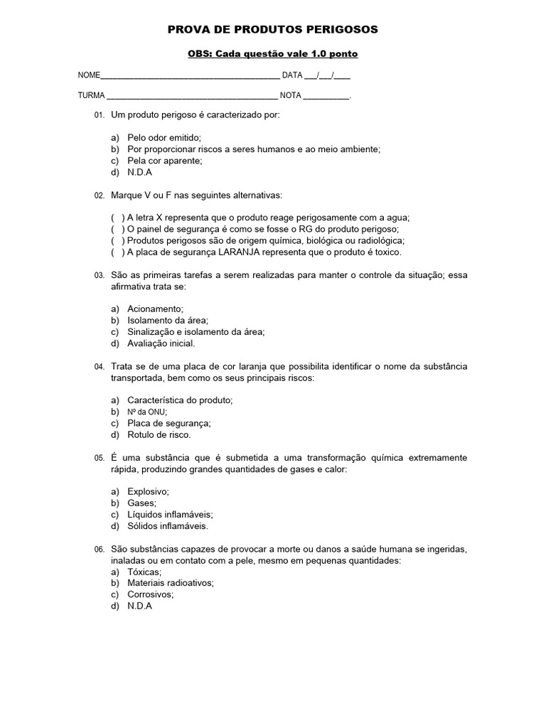 Prova de Produtos Perigosos | PDF | Veneno | Ciências Físicas