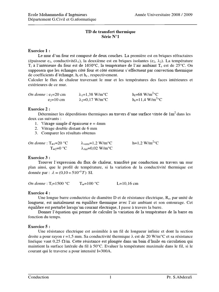 Exercices Corrigés de Transfert de Chaleur | PDF | Transfert thermique ...